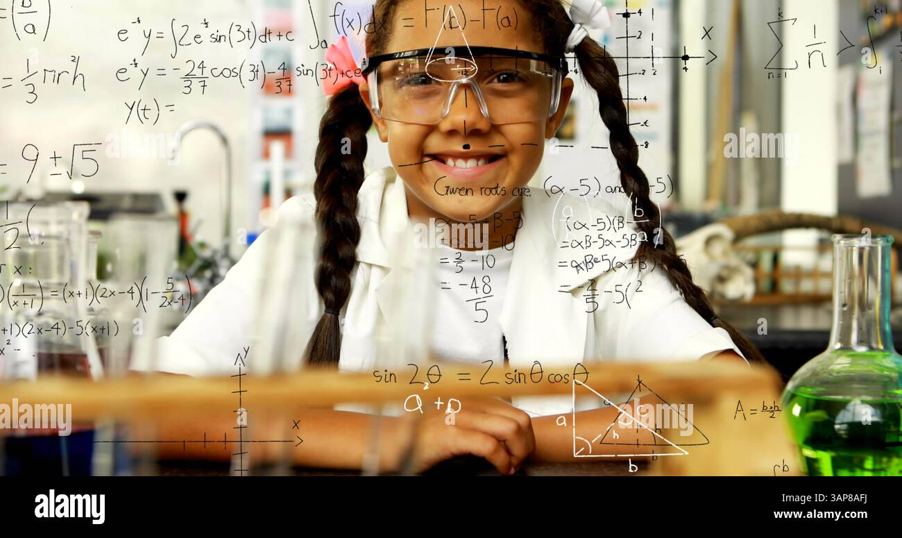 Image of mathematical formulae over smiling schoolgirl Stock Photo - Alamy