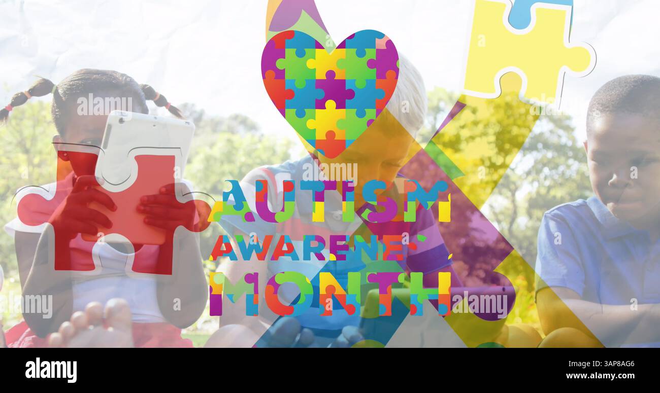 Image of colourful puzzle pieces ribbon autism awareness month text ...