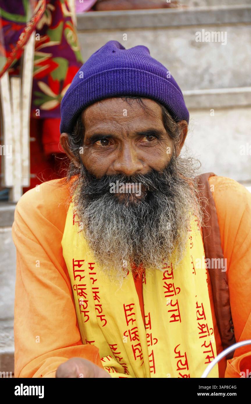 Jaipur, Rajasthan, India, Asia, A sadhu with a cap and long beard is ...