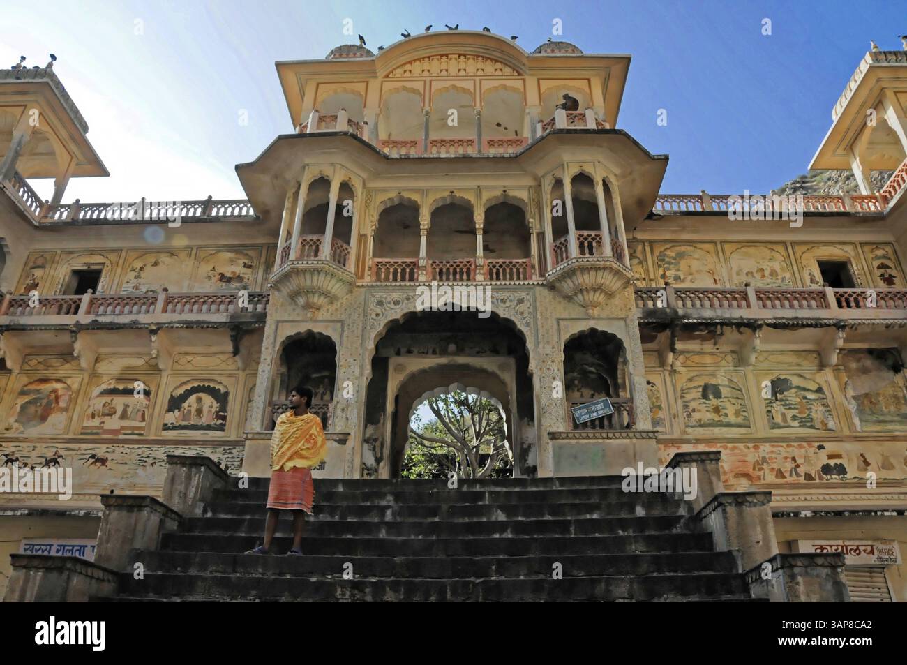 Large palace with ornate facades and steps, a man standing below ...
