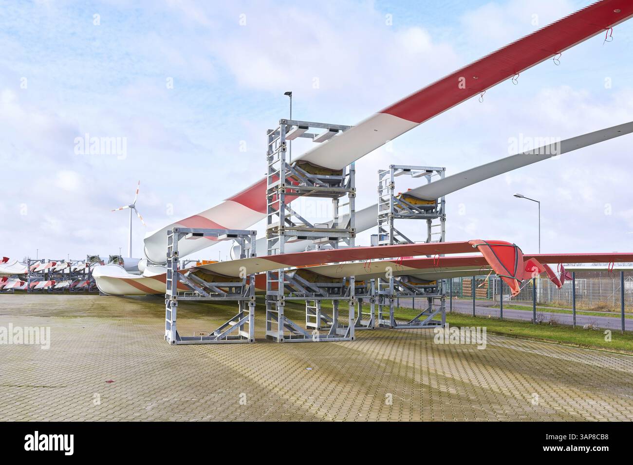 Storage area for wind turbine rotor blades in an industrial estate in ...