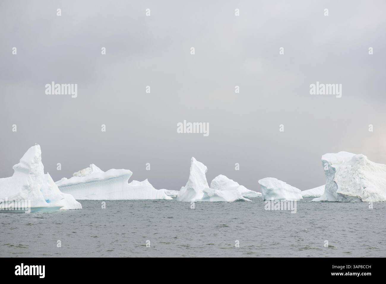 Beautiful icebergs in the sun and in front of a dark sky, Greenland ...