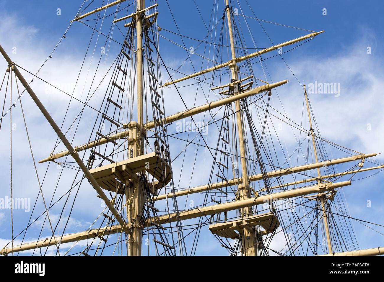 Masts and rigging of a big old sailing ship in front of a blue sky Stock Photo - Alamy