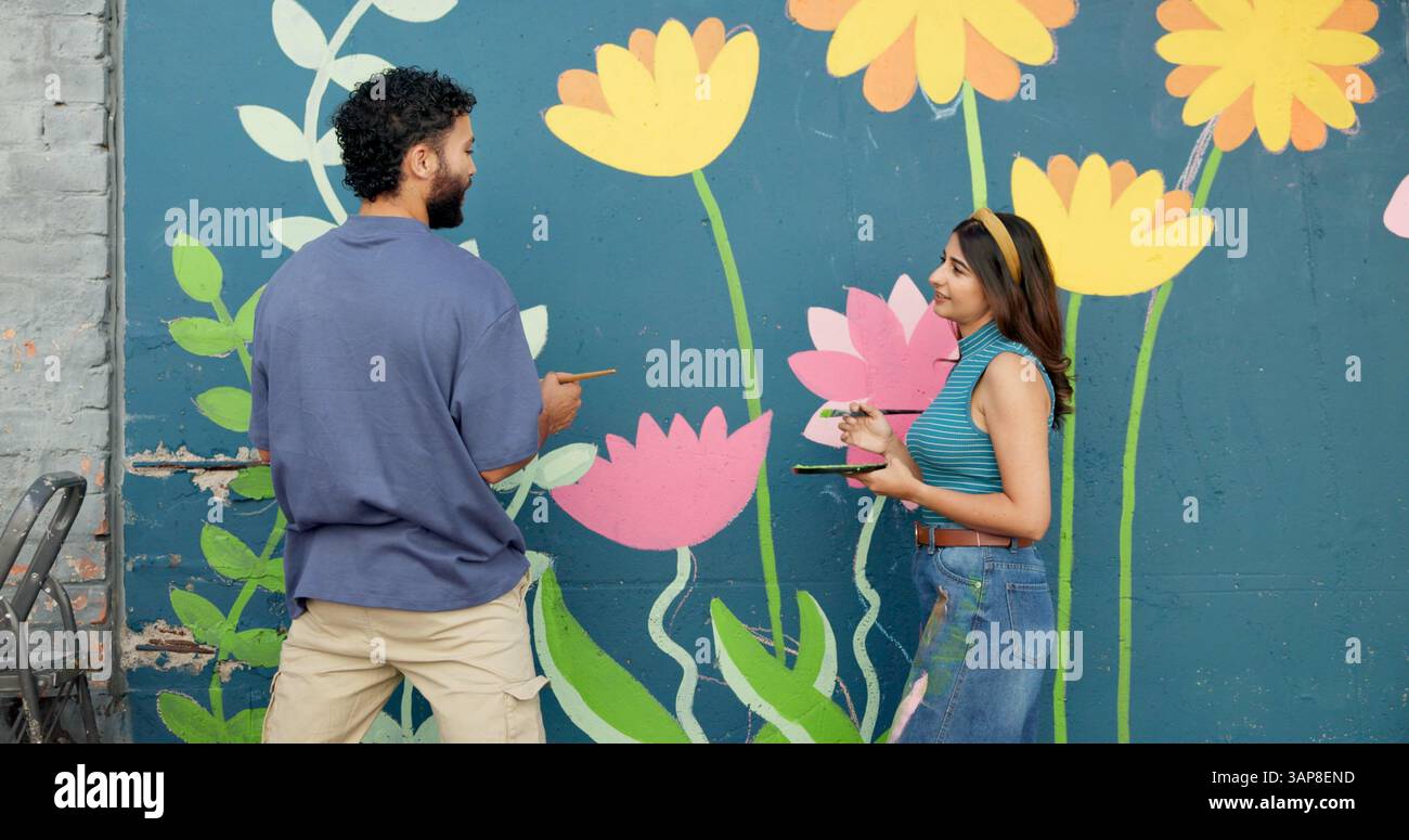 Couple, painting and creative wall with art project, mural design and ...