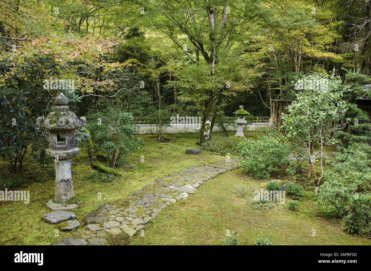 Japanese garden with lantern and stone pathway, Kyoto, Japan, Asia ...