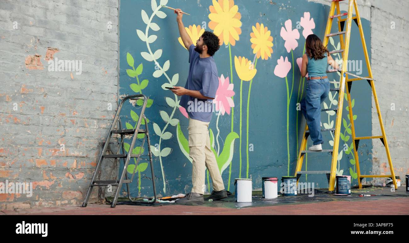 Creative, couple and painting art on wall for project, mural design and ...