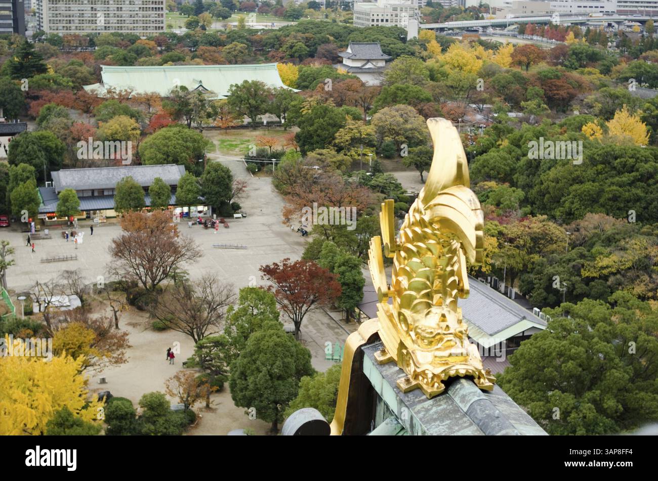 Golden fish on the roof of Osaka castle in Japan to protect the ...
