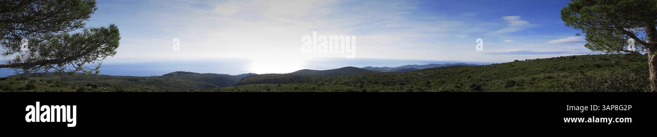 Panorama from the Garraf Natural Park towards the sea, mediterranean ...