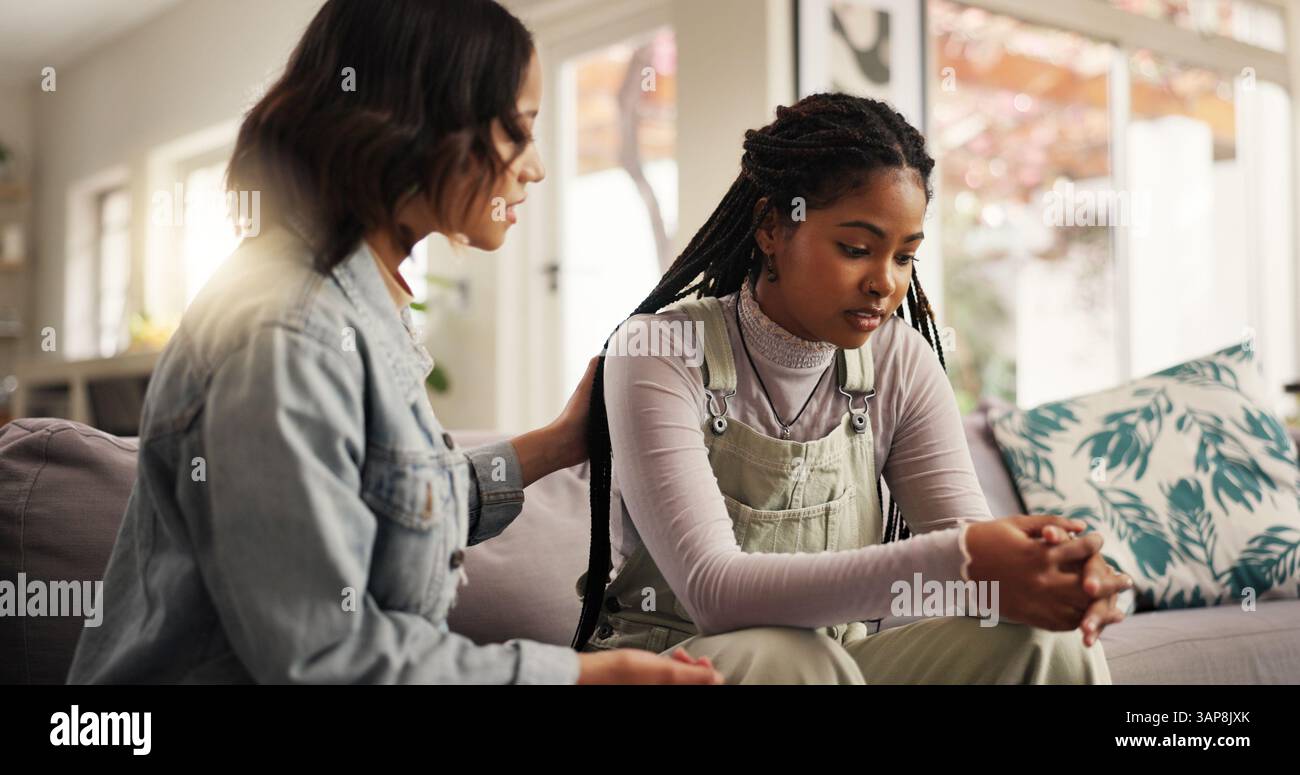 Sad, woman and friends on couch for comfort with breakup and ...