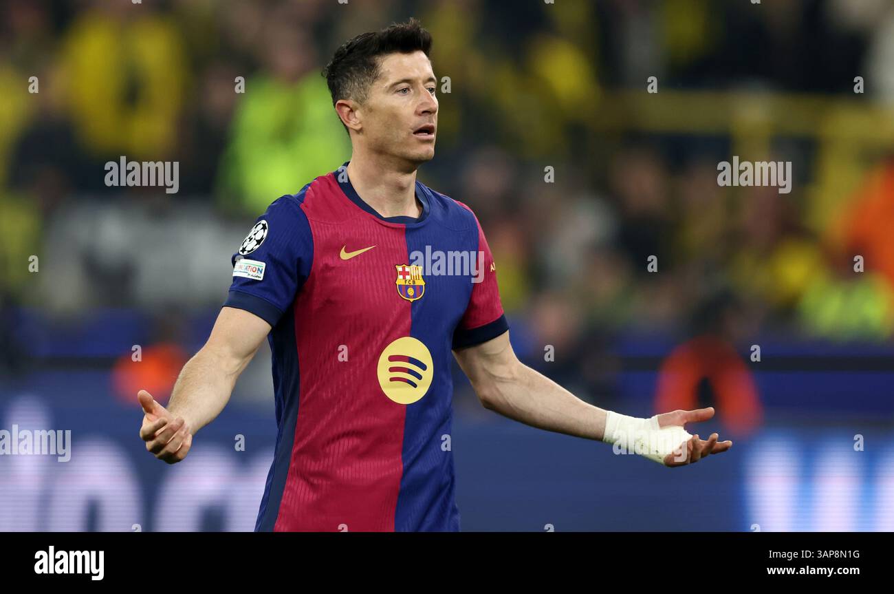 DORTMUND, GERMANY - APRIL 15: Robert Lewandowski of FC Barcelona reacts ...