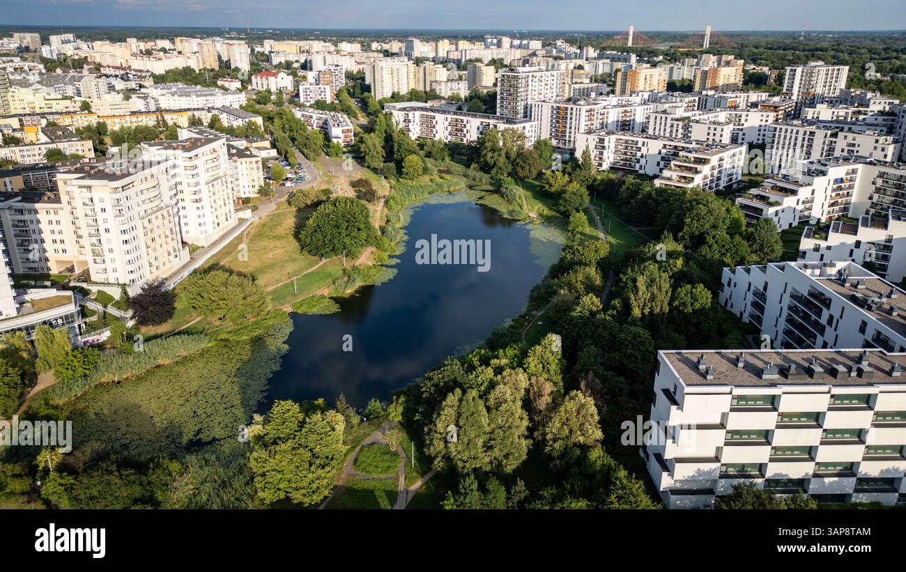 Aerial view of residential buildings over Goclawskie Lake in Goclaw ...