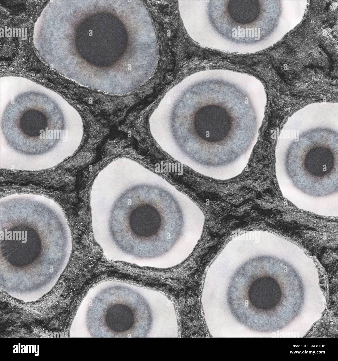 Abstract collage illustration of many eyes looking through holes ...