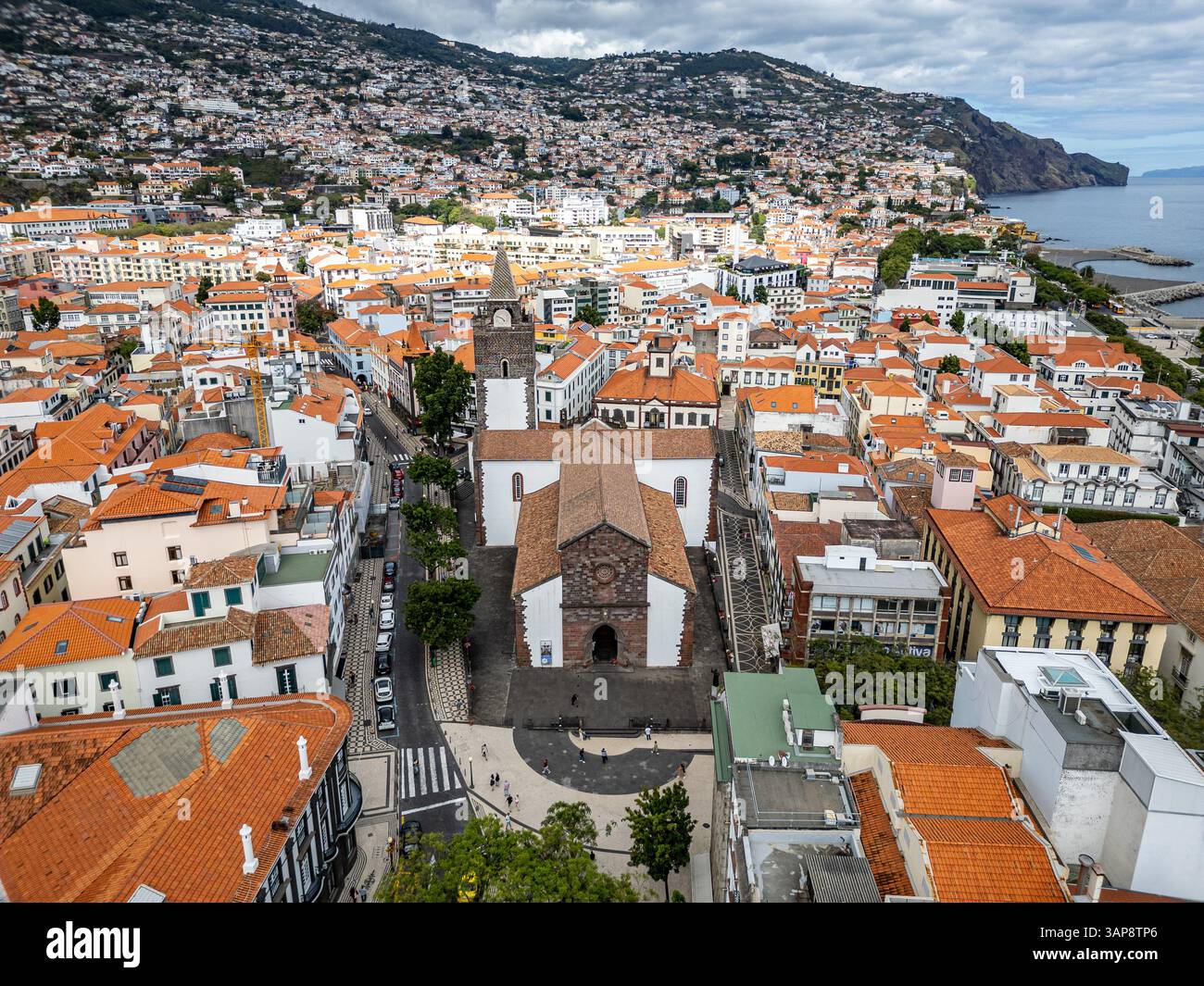 Aerial view with Cathedral of Our Lady of the Assumption in Funchal ...