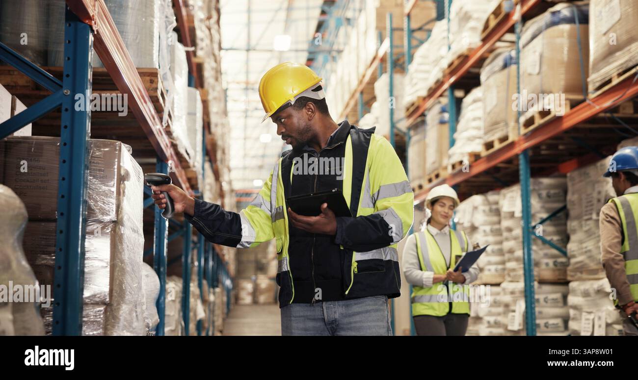 Scanner, shipping and man in warehouse, tablet and logistics with ...