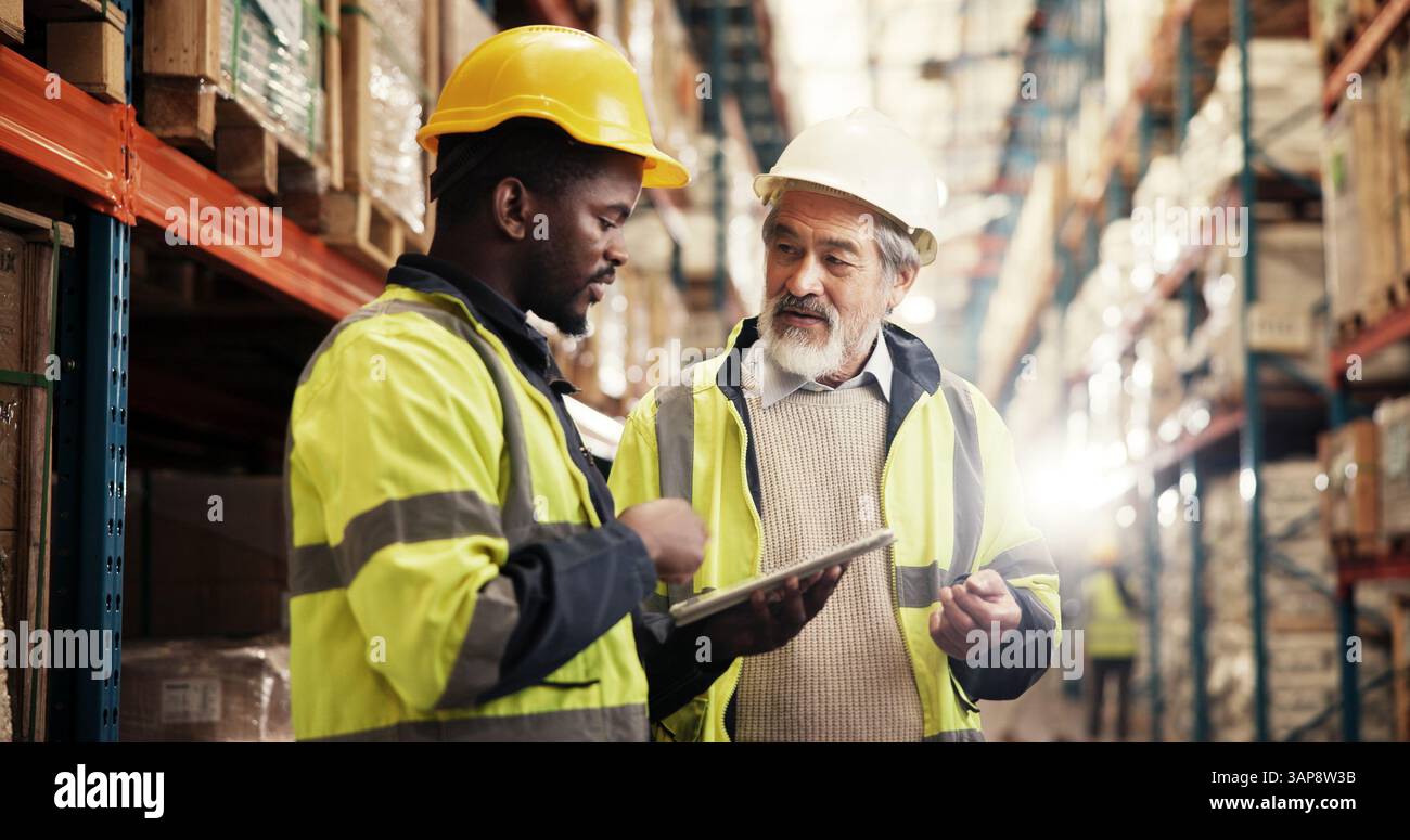 Warehouse, logistics and men with tablet for collaboration, stock ...