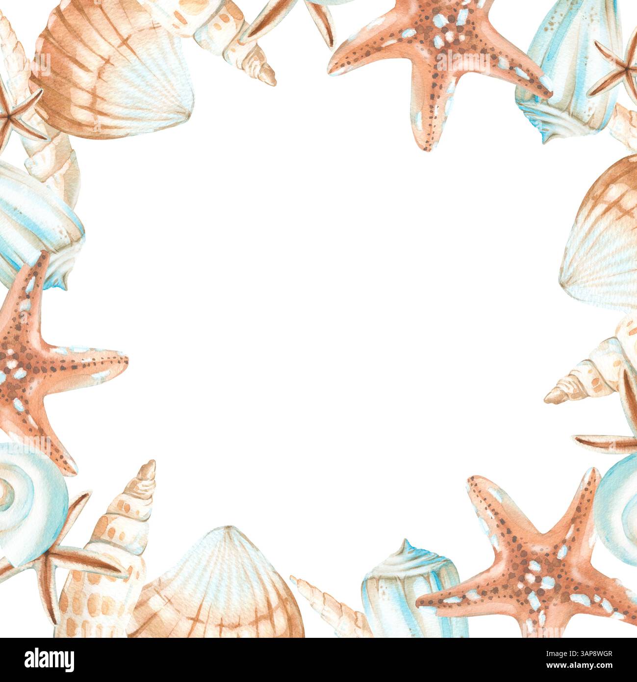 Frame of shells and starfish in orange and blue colors. Watercolor hand ...