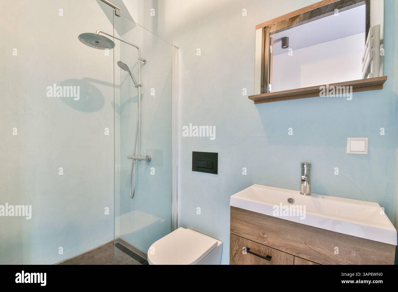 A sleek modern bathroom featuring a stylish shower, minimalist ...