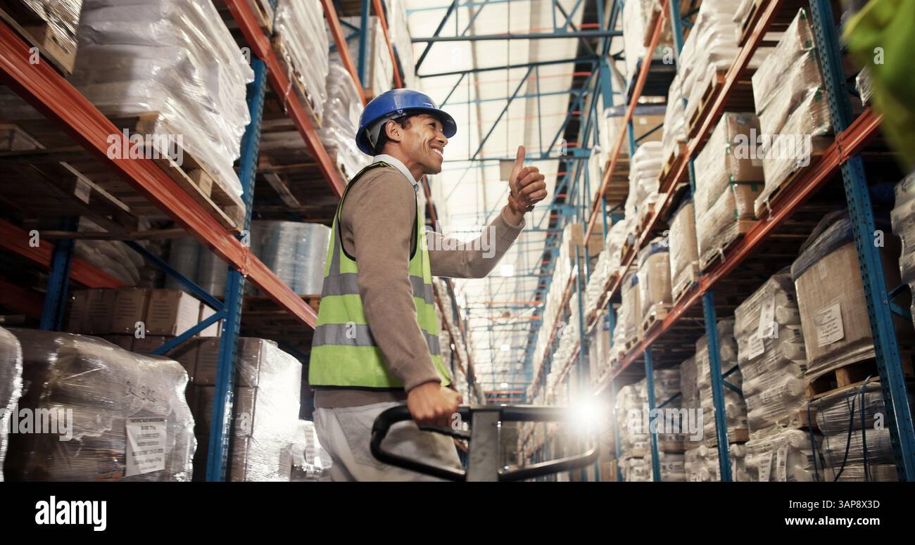 Man, thumbs up and trolley in warehouse for logistics, loading bay and ...