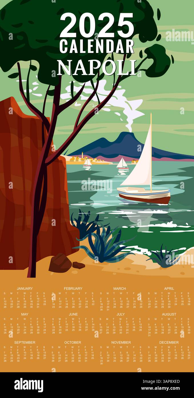 Calendar Monthly 2025 Naples Retro Poster Italia. Mediterranean sea ...