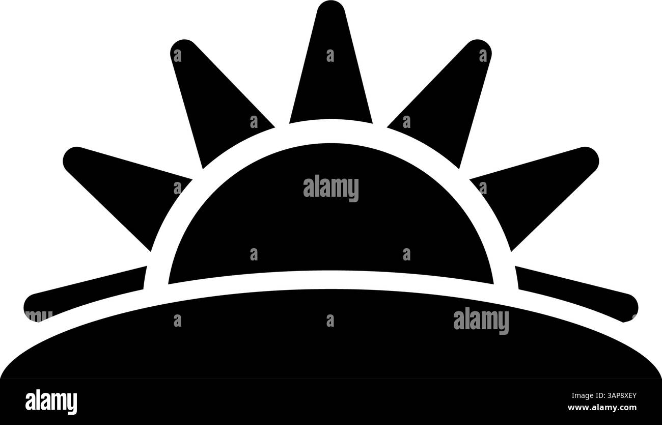 Simple black and white vector icon of a sunrise or sunset over the ...