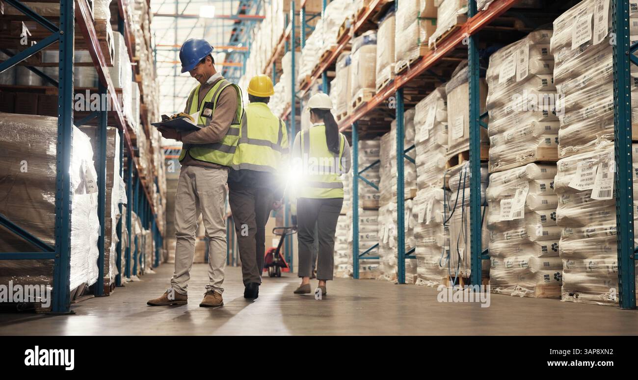 Scanner, distribution and man in warehouse, tablet and manufacturing ...