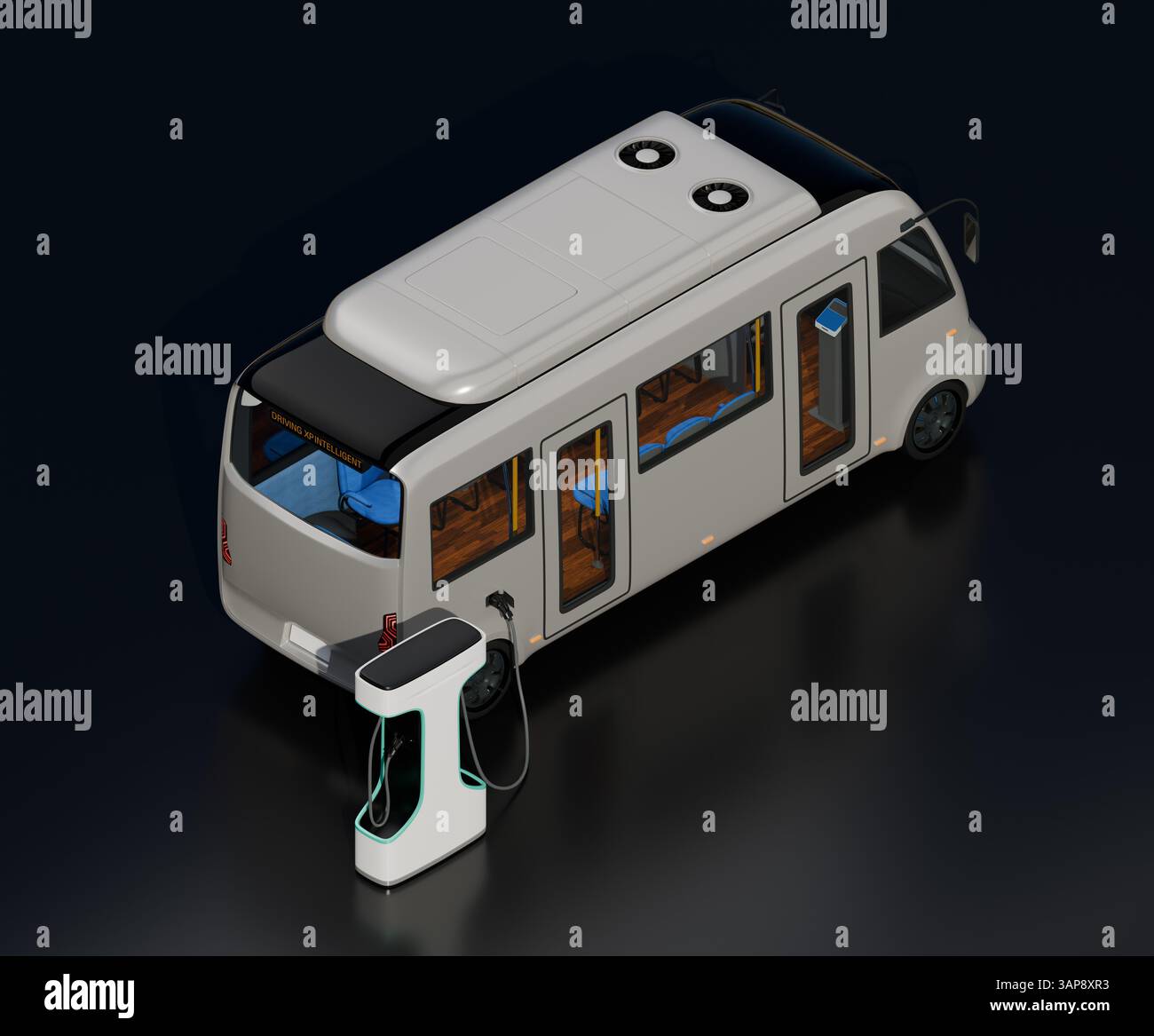 Isometric view of Electric Bus charging on black background. Generic ...