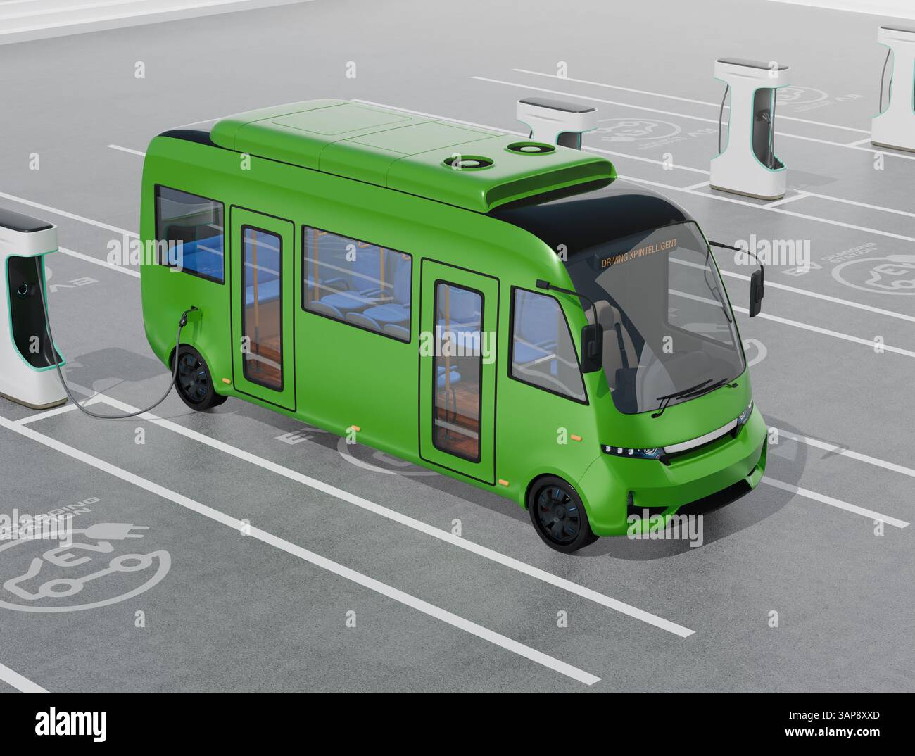 Electric Bus charging in Electric Bus Charging Station. 3D rendering ...
