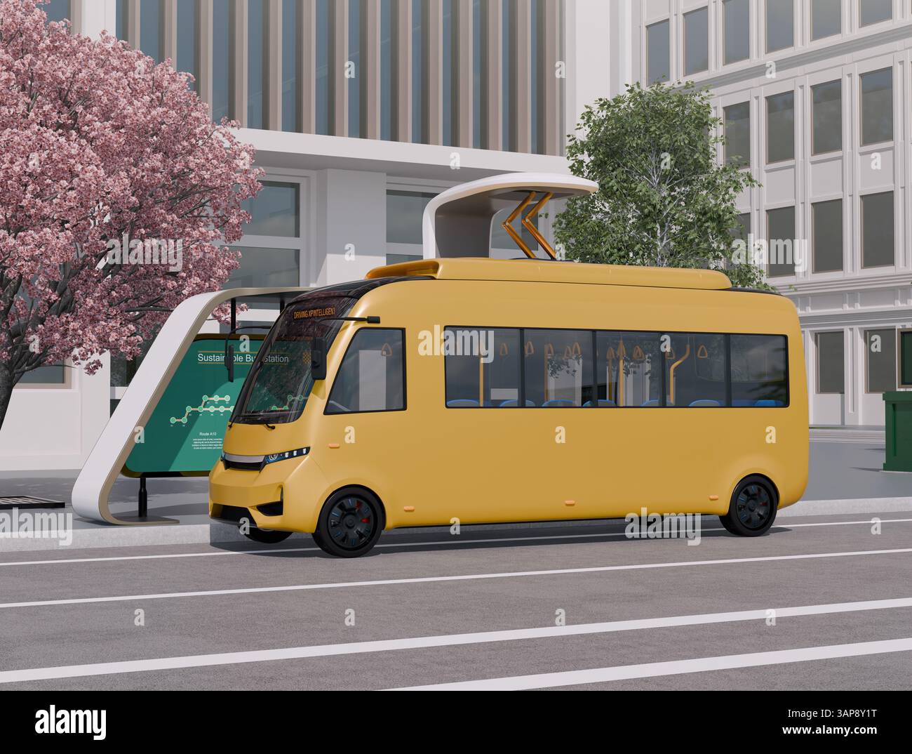 Electric bus charging in a bus stop by high power pantograph charger. Urban street background ...