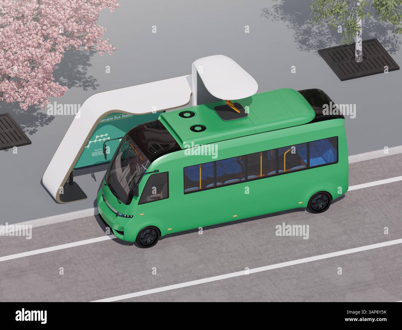 Electric bus charging in a bus stop by high power pantograph charger. Urban street background ...