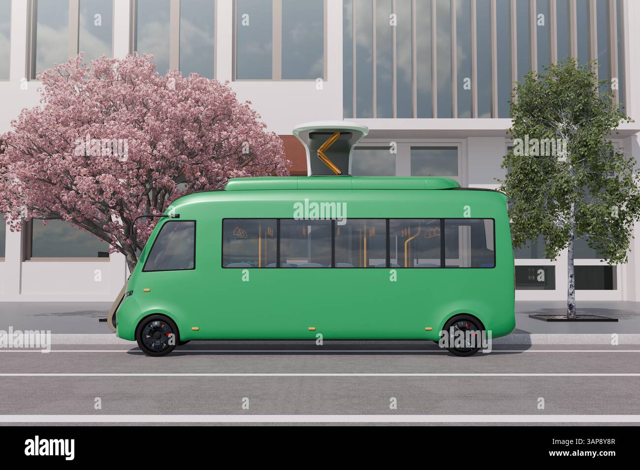 Electric bus charging in a bus stop by high power pantograph charger. Urban street background ...