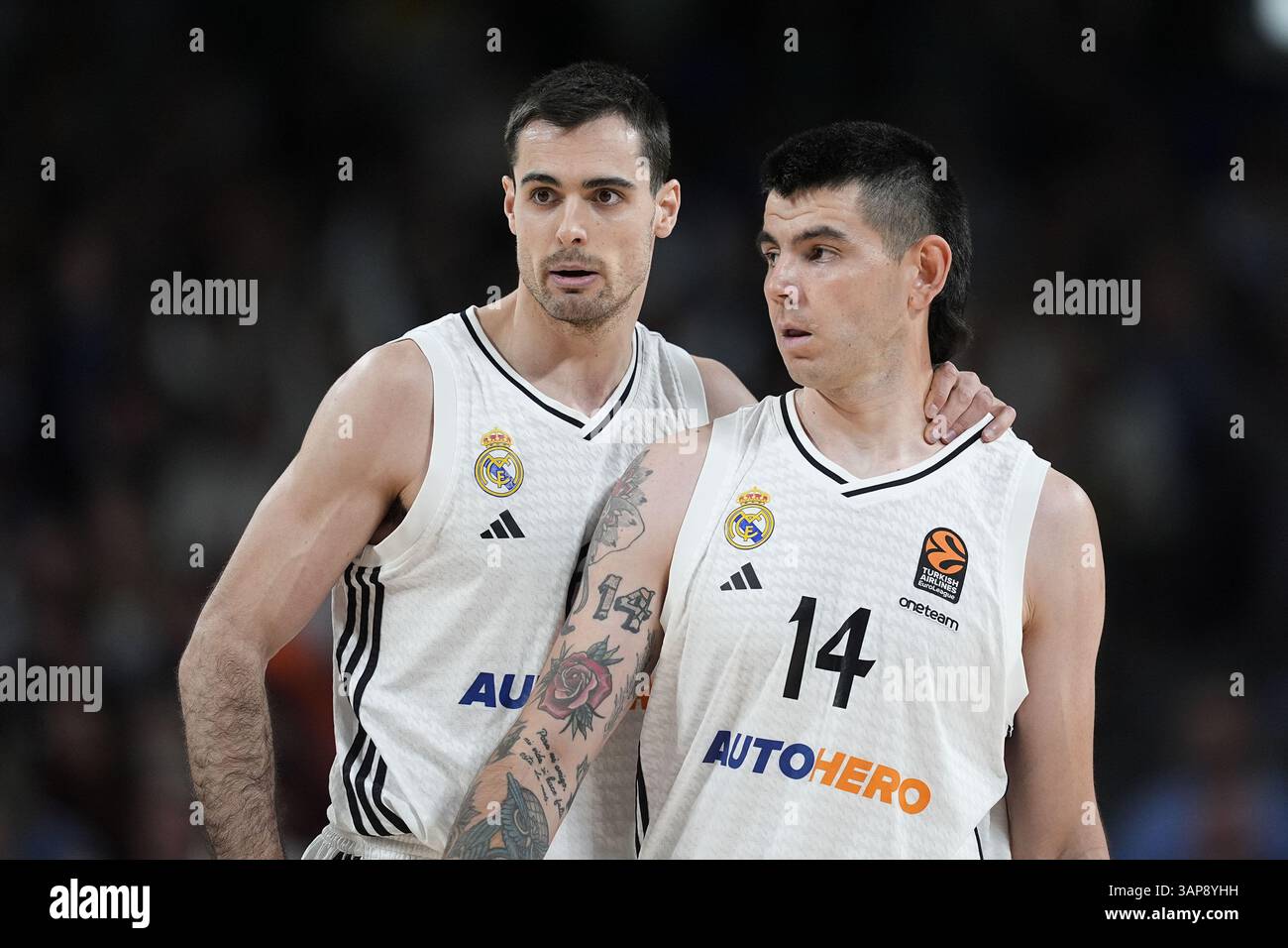 Alberto Abalde of Real Madrid greets Gabriel Deck during the Turkish ...