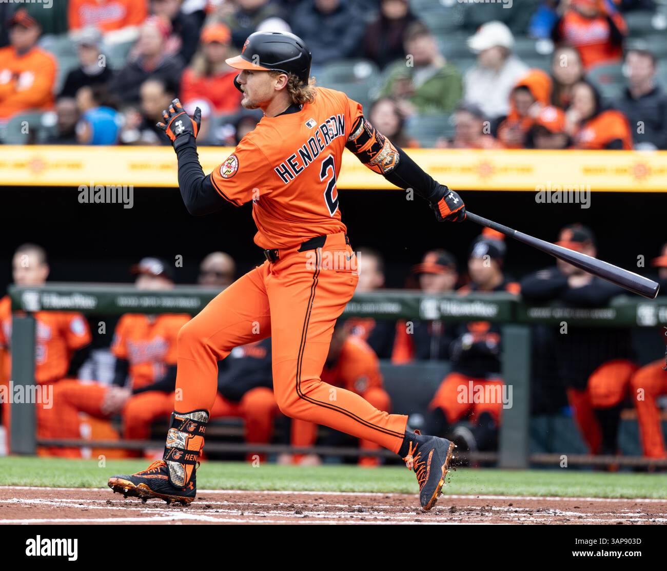 Baltimore Orioles infielder Gunnar Henderson makes contact with the ...