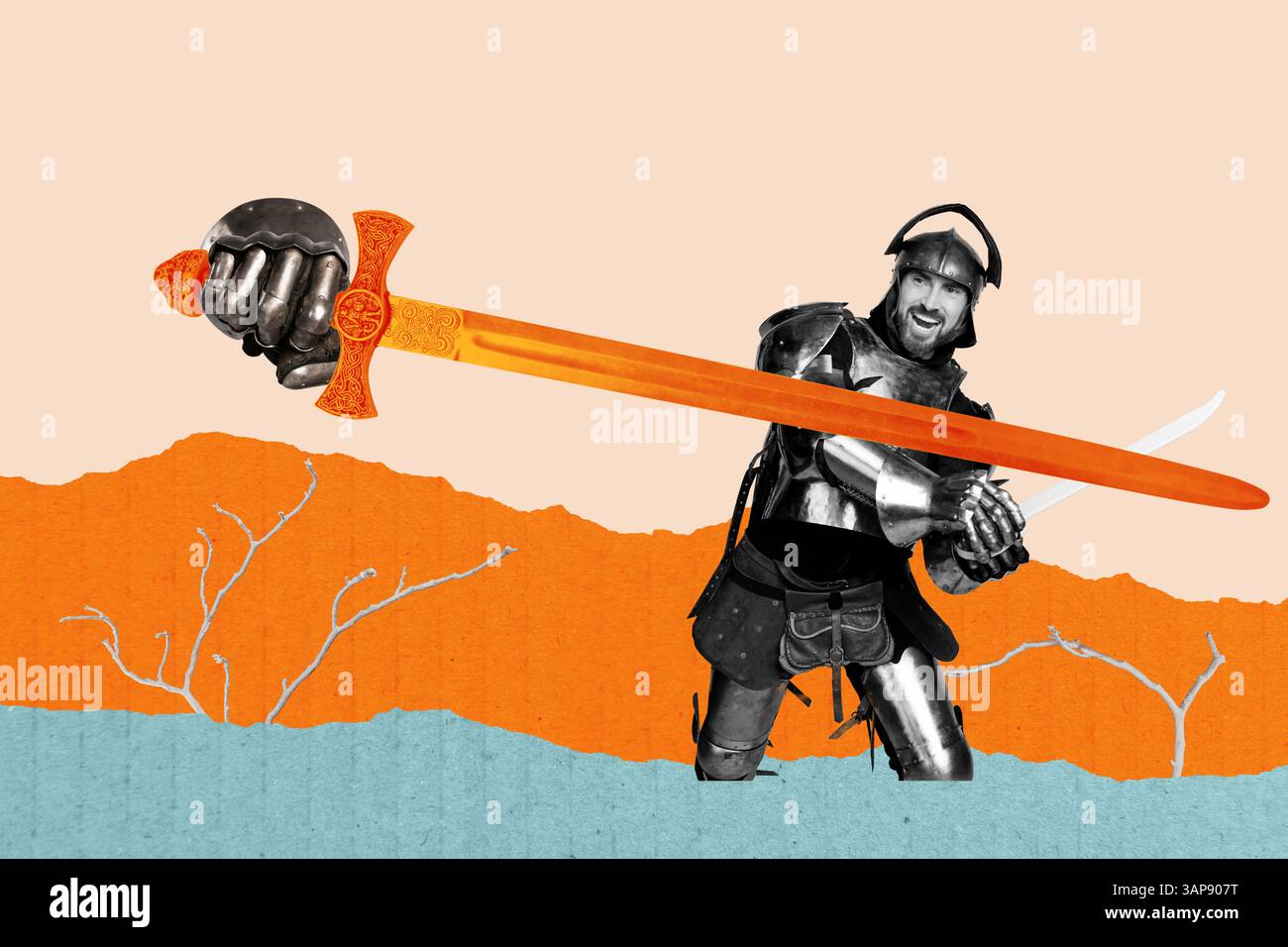 Art image creative photo collage of happy man warrior hold sword battle ...