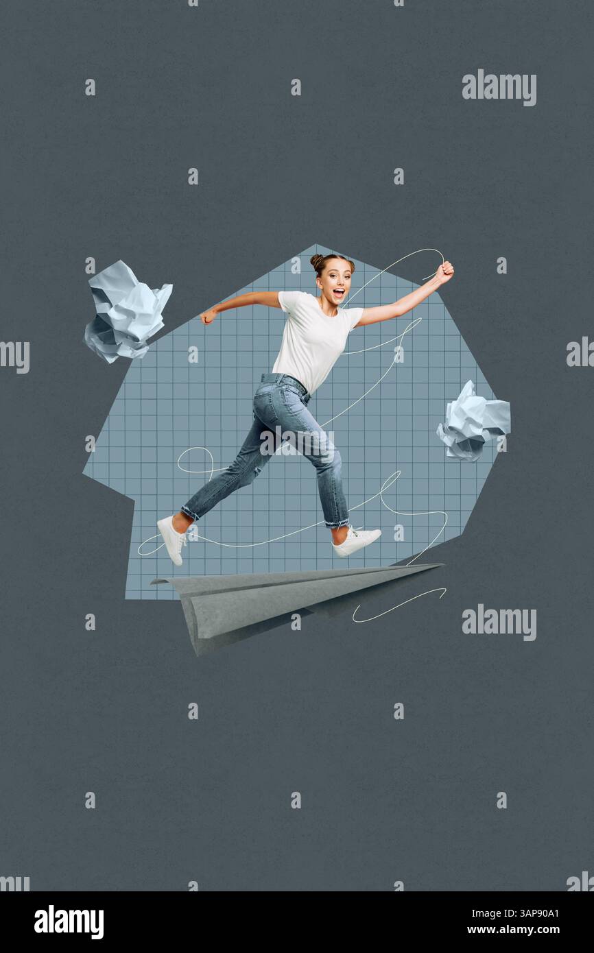 Banner image collage of person run fly paper plane with lines shapes on ...