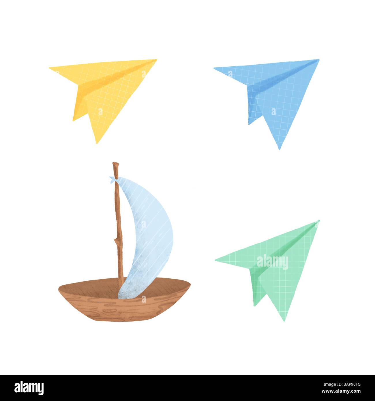 Paper airplanes in yellow, blue, and green, a toy wooden boat, handmade ...
