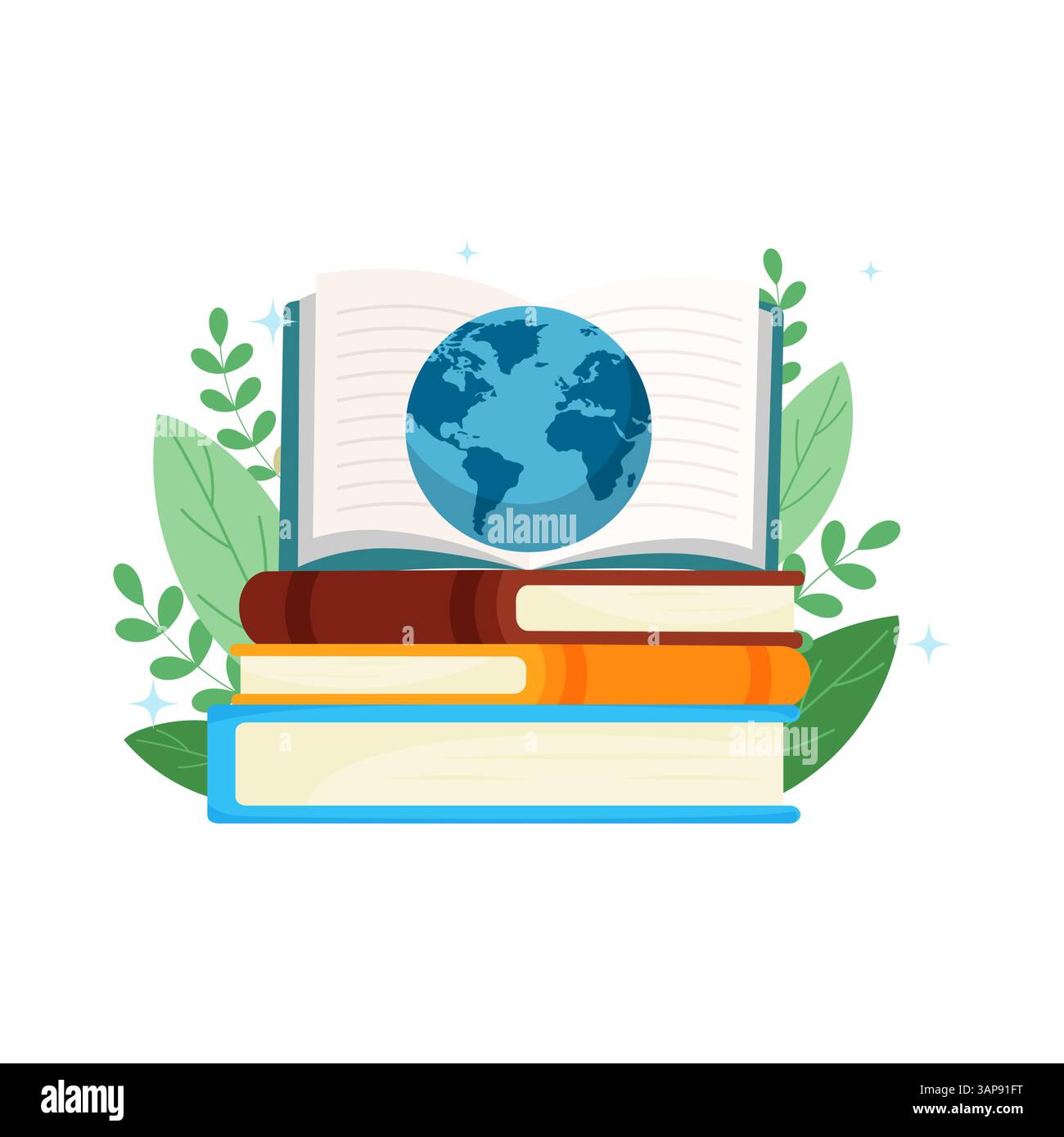 Colorful Stack of Books with Open Book and Blue Globe for World Book Day Stock Vector Image ...