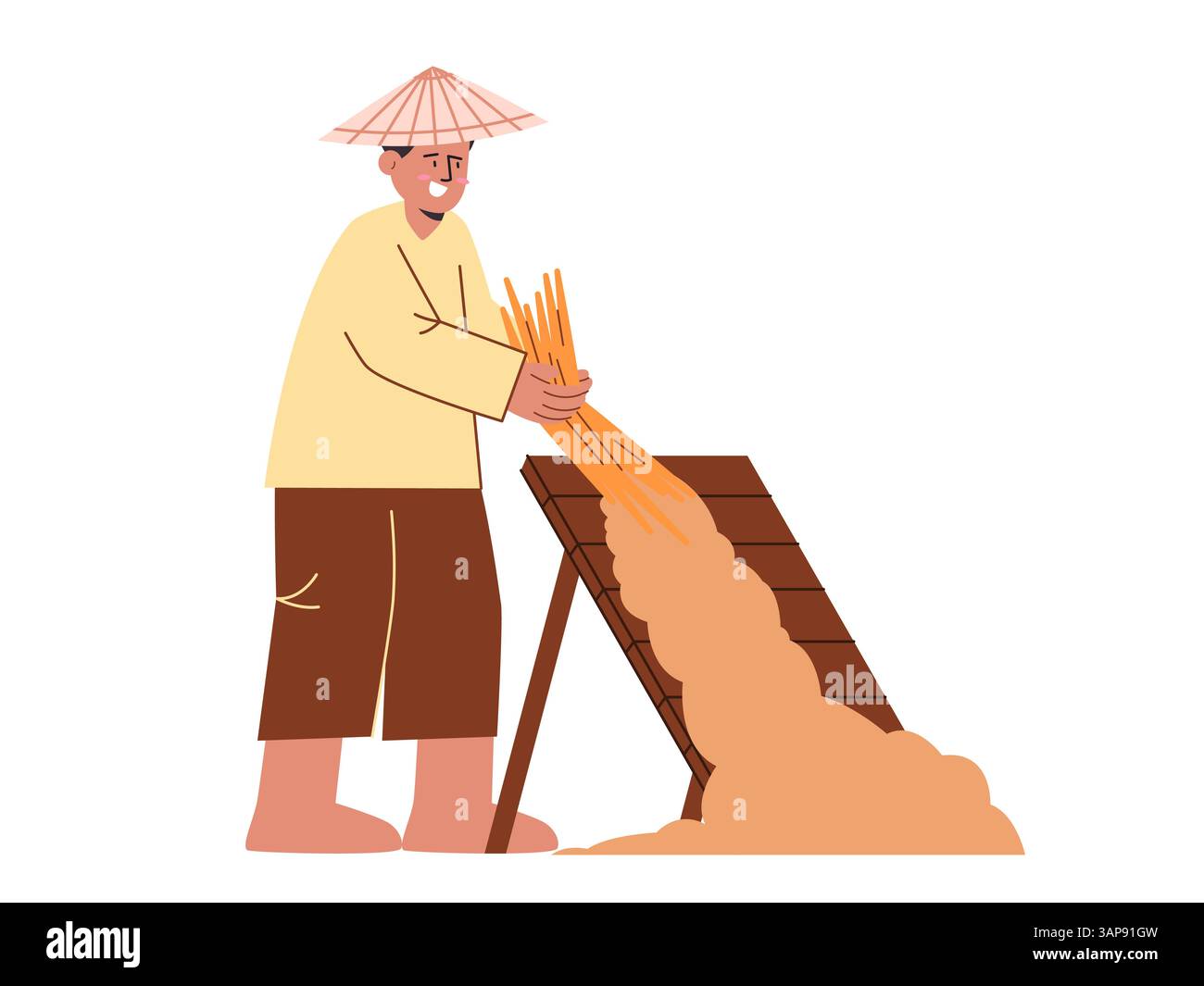 Harvesting separate hay from rice grain farmer flat illustration ...