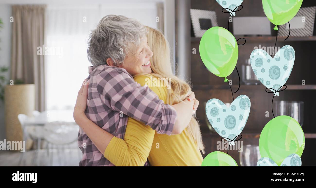 Image of balloons over happy caucasian mother and her adult daughter ...