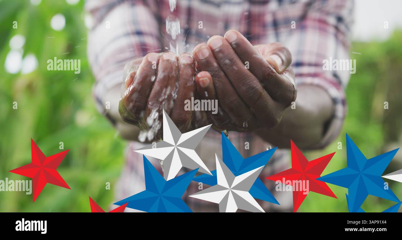 Image of red, blue and white stars over african american male washing ...