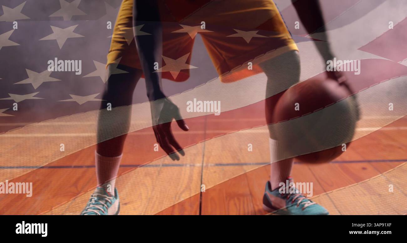 Image of flag of united states of america over african american ...