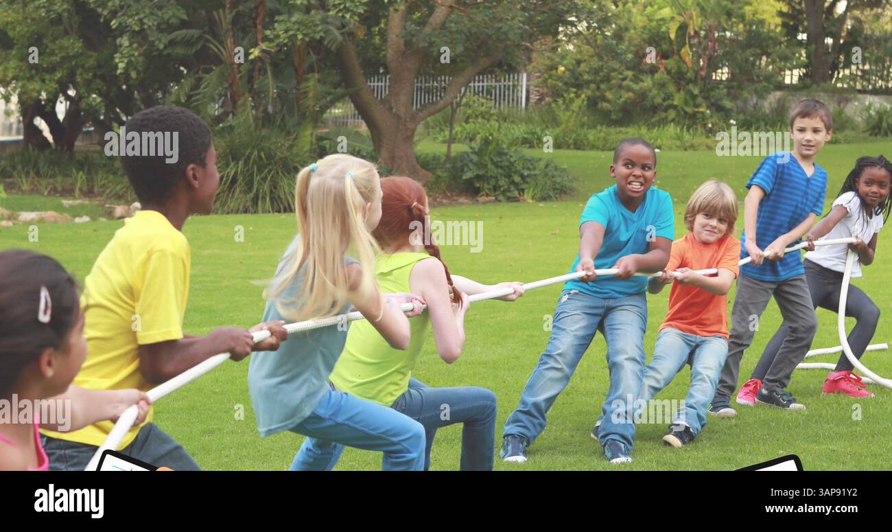 Image of school notebooks and pencils icons over children pulling rope ...