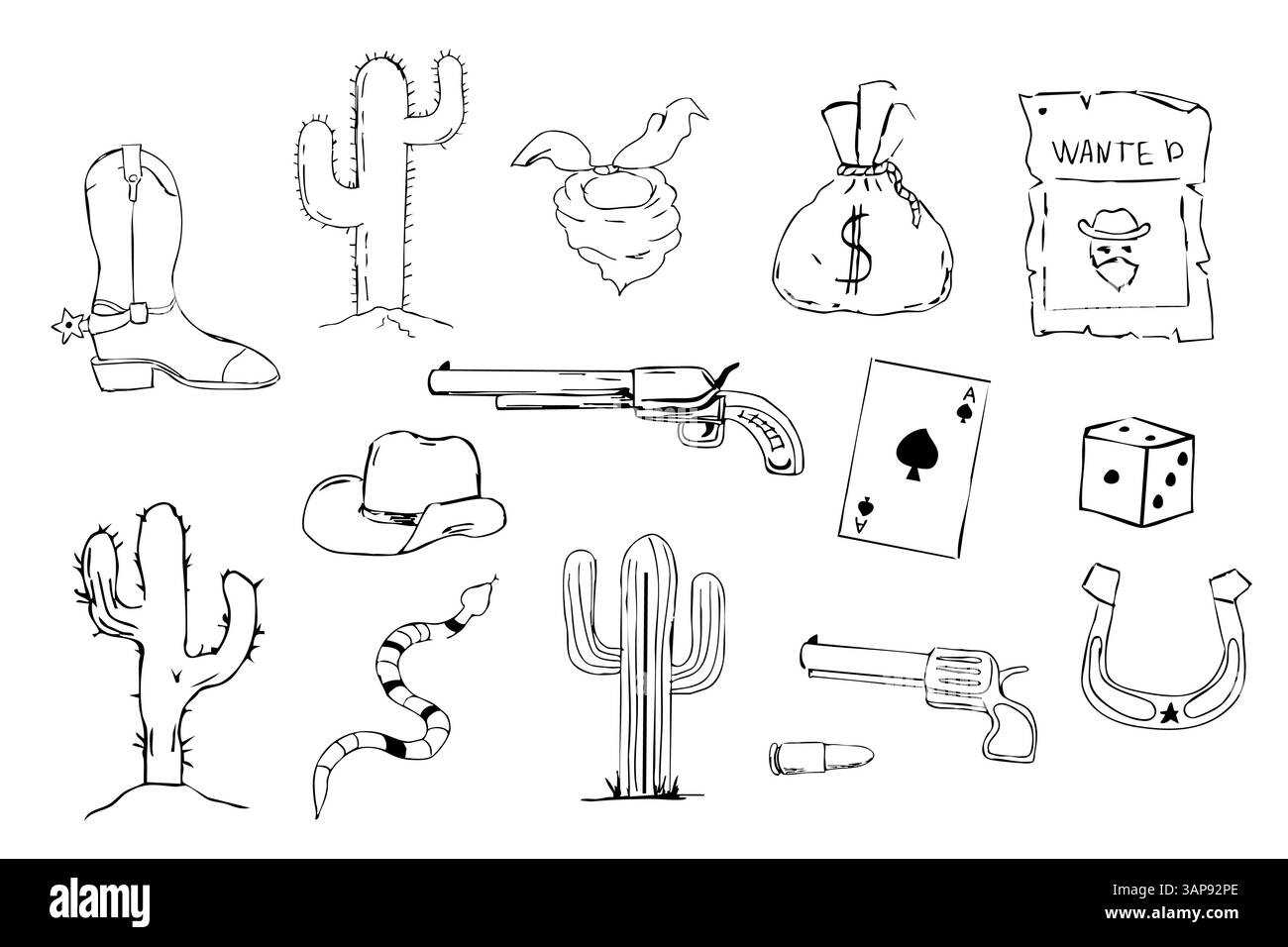 Wild west sketch set with vintage cowboy hat, gan. Desert elements ...