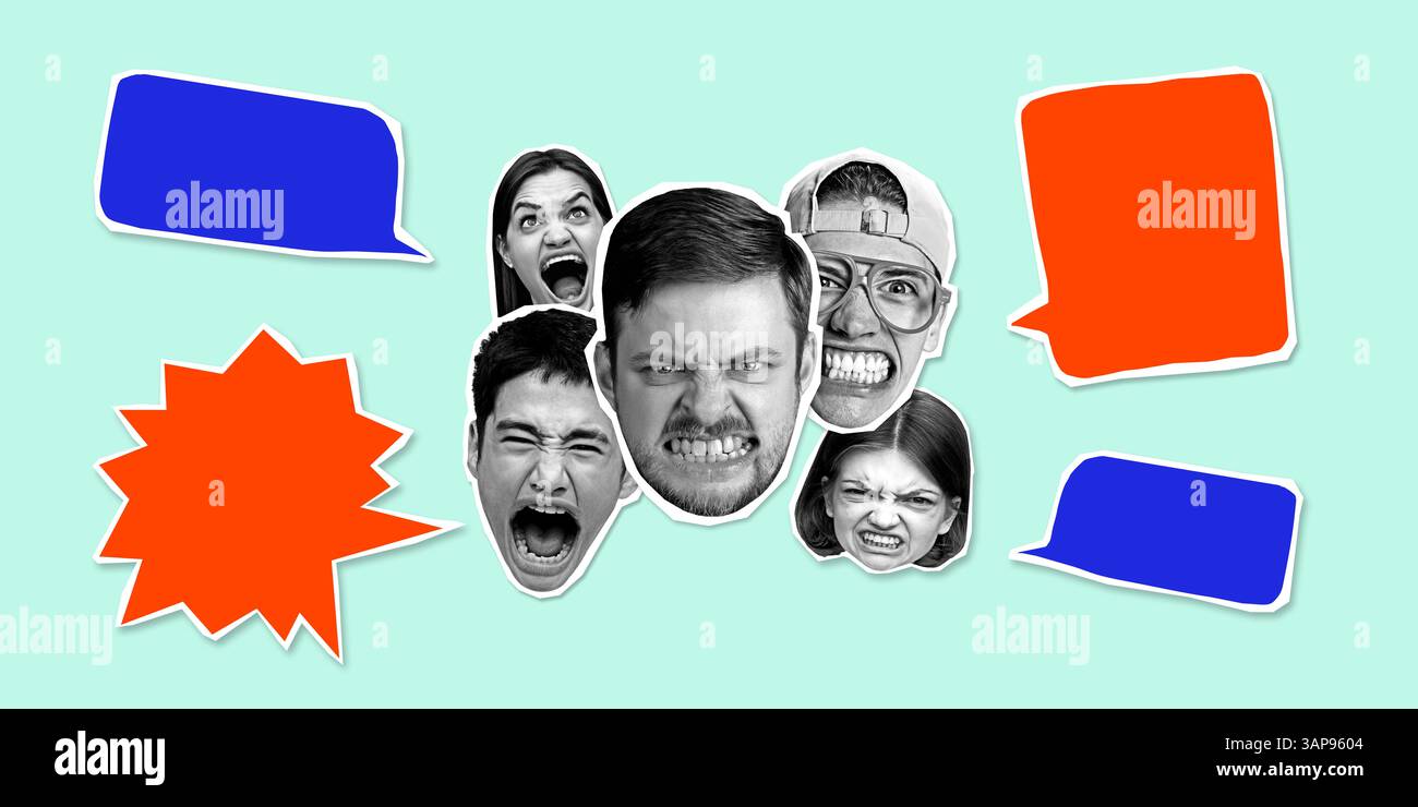Composite image. Angry crowd of faces yelling around red and blue ...
