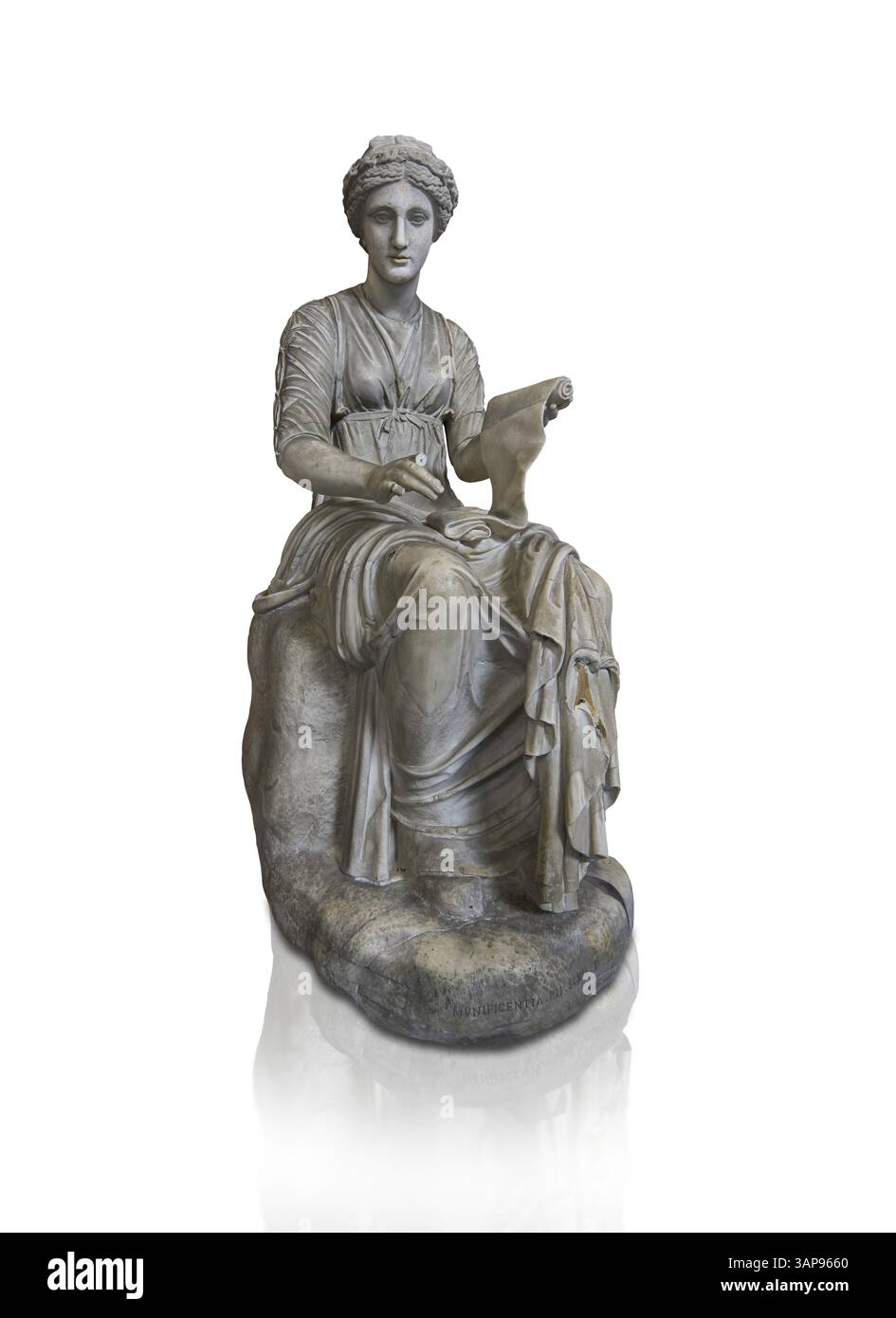 Roman statue of Clio ancient Greek muse, depicted sitting on a rock ...