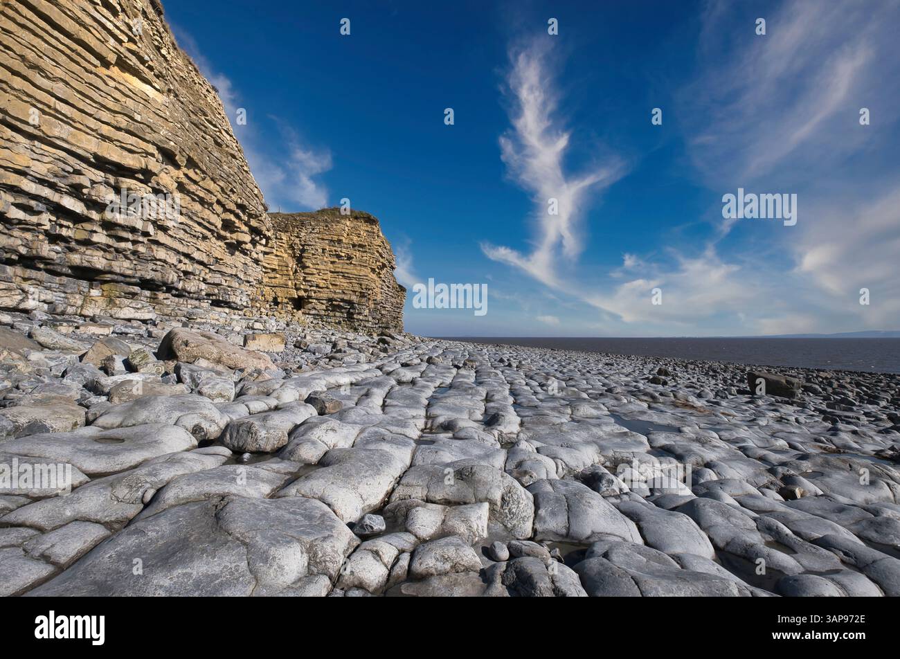 Remains of Limestone cliffs at Rhoose beach dating back to the Jurassic ...