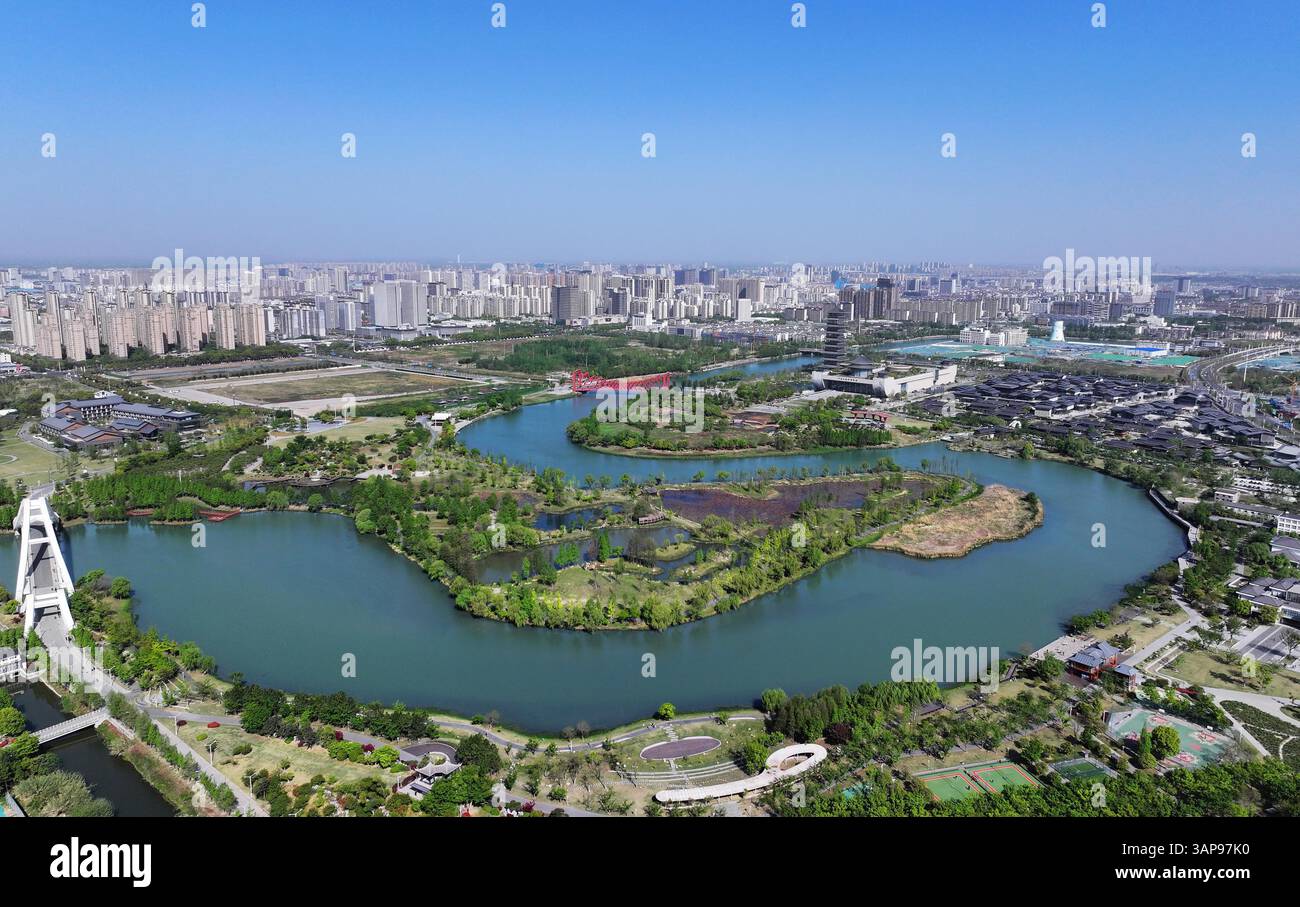 Aerial photo shows the spring scenery of a park in Yangzhou City, east ...