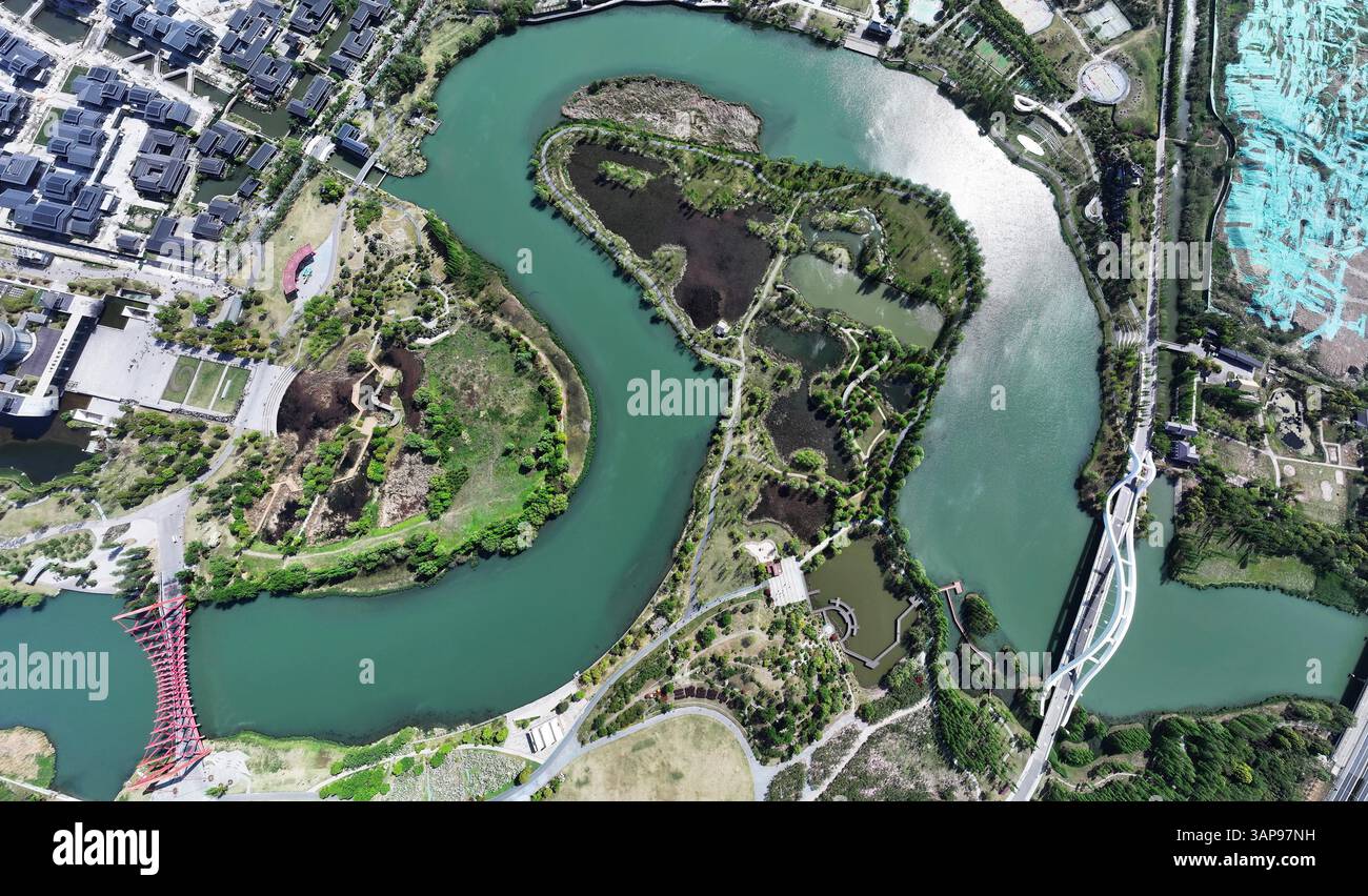 Aerial photo shows the spring scenery of a park in Yangzhou City, east ...