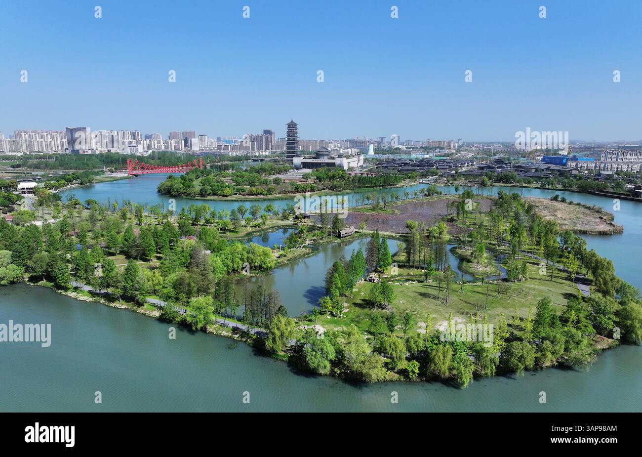 Aerial photo shows the spring scenery of a park in Yangzhou City, east ...