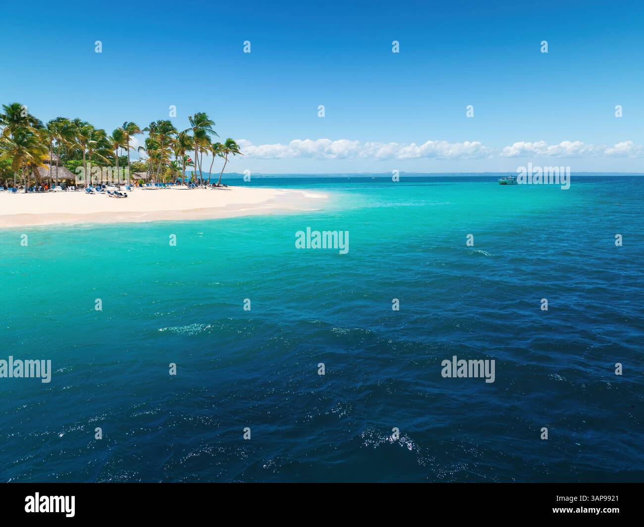 Aerial view over Caribbean Sea and Exotic Palm trees on Bacardi Island ...