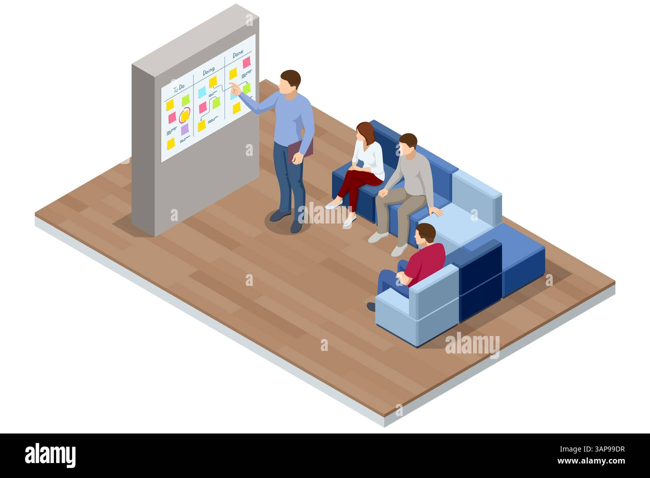 Isometric vector illustration of a team in a coworking space discussing ...